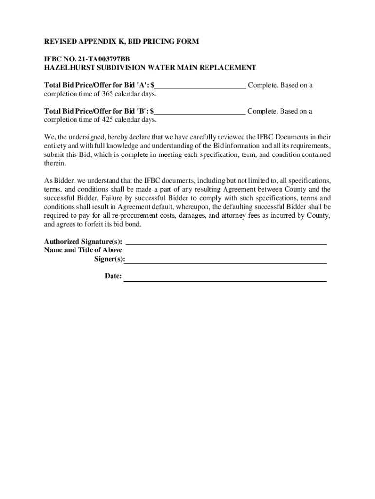 Fillable Online public mymanatee REVISED APPENDIX K, BID PRICING FORM ...