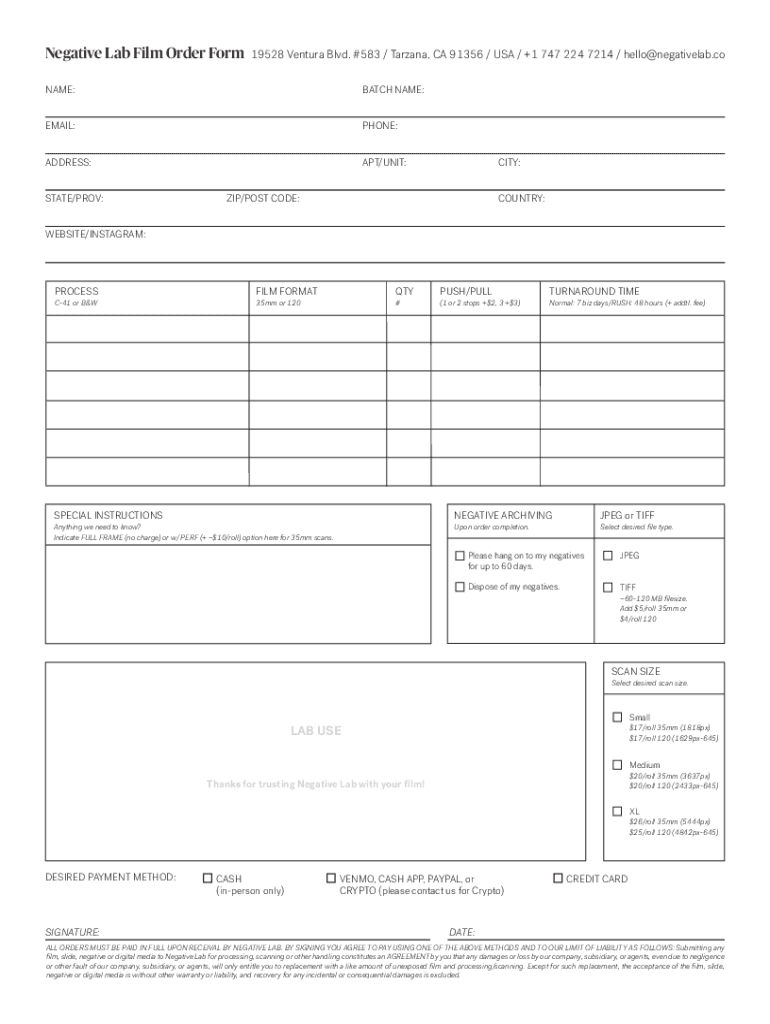 Fillable Online Negative Lab Film Order Form Fax Email Print - pdfFiller