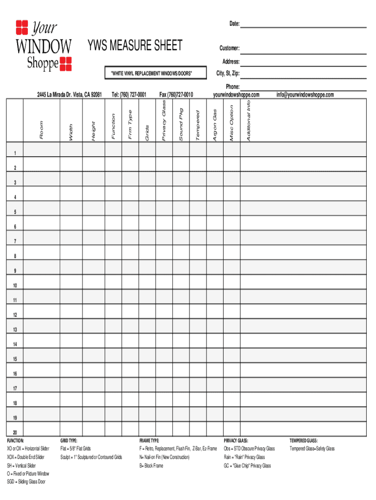 Fillable Online YWS MEASURE SHEET Fax Email Print - pdfFiller
