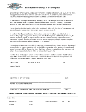 Fillable Online Liability Waiver for Dogs in the Workplace - City of ...