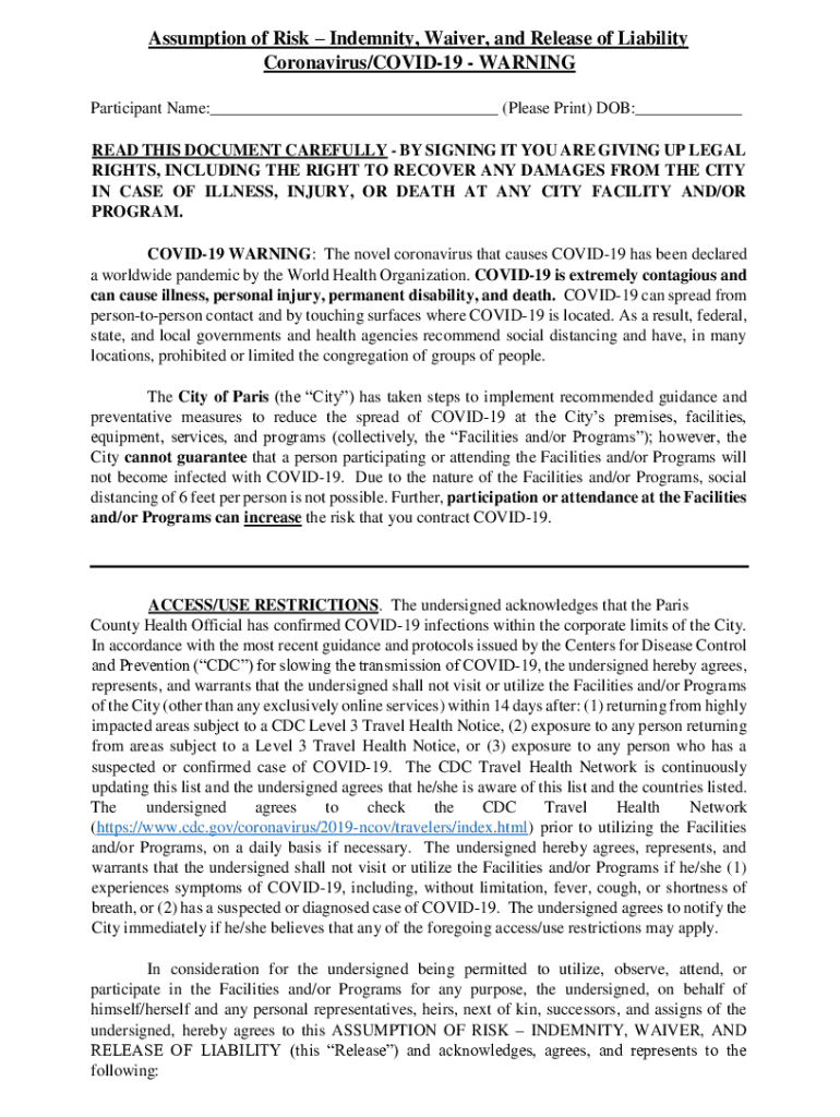 Fillable Online Indemnity, Waiver, and Release of Liability Coronavirus ...