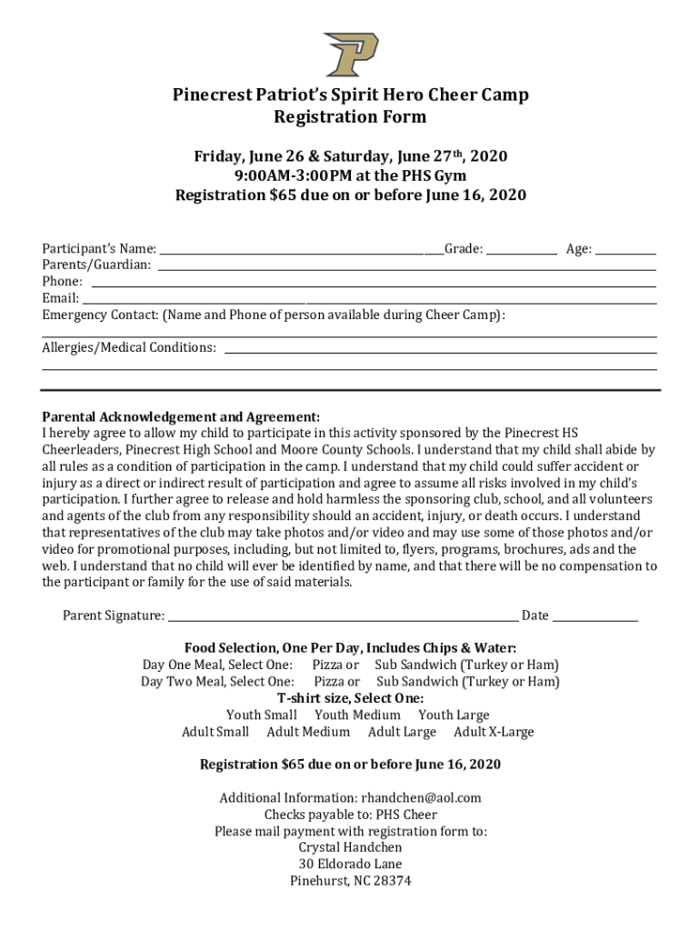 Fillable Online Pinecrest Patriot's Spirit Hero Cheer Camp Registration ...