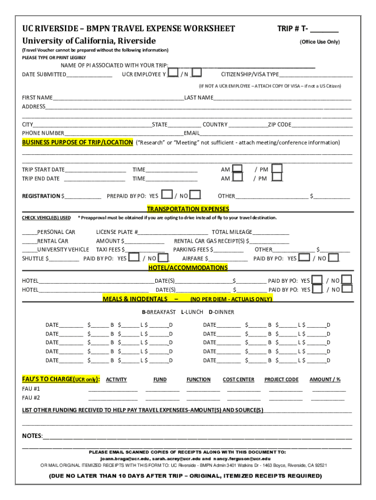 Fillable Online UC RIVERSIDE BMPN TRAVEL EXPENSE WORKSHEET TRIP # T Fax ...