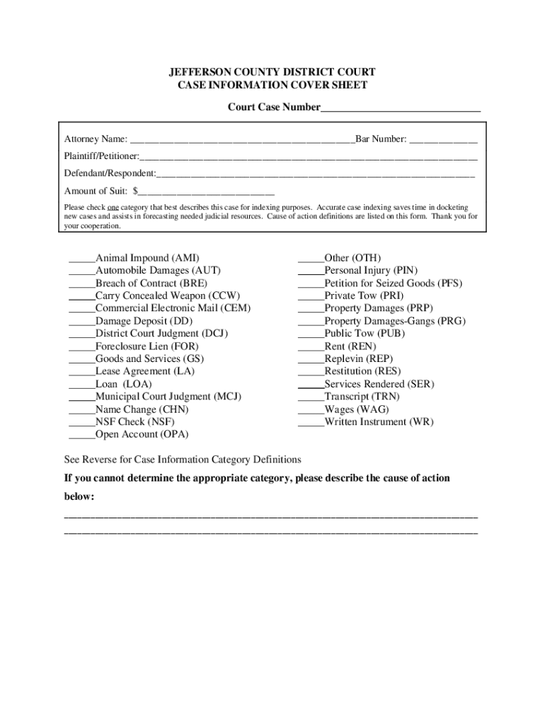 Fillable Online Jefferson County District Court Case Information Cover ...