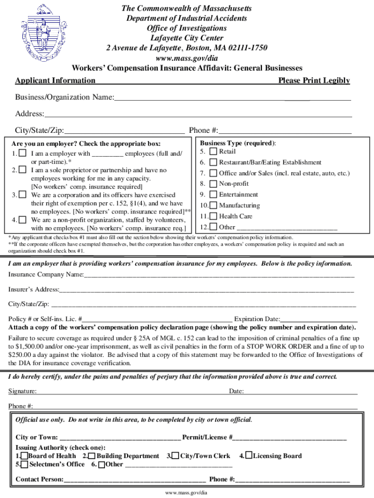 Fillable Online Workers' Compensation Insurance Affidavit: General ...
