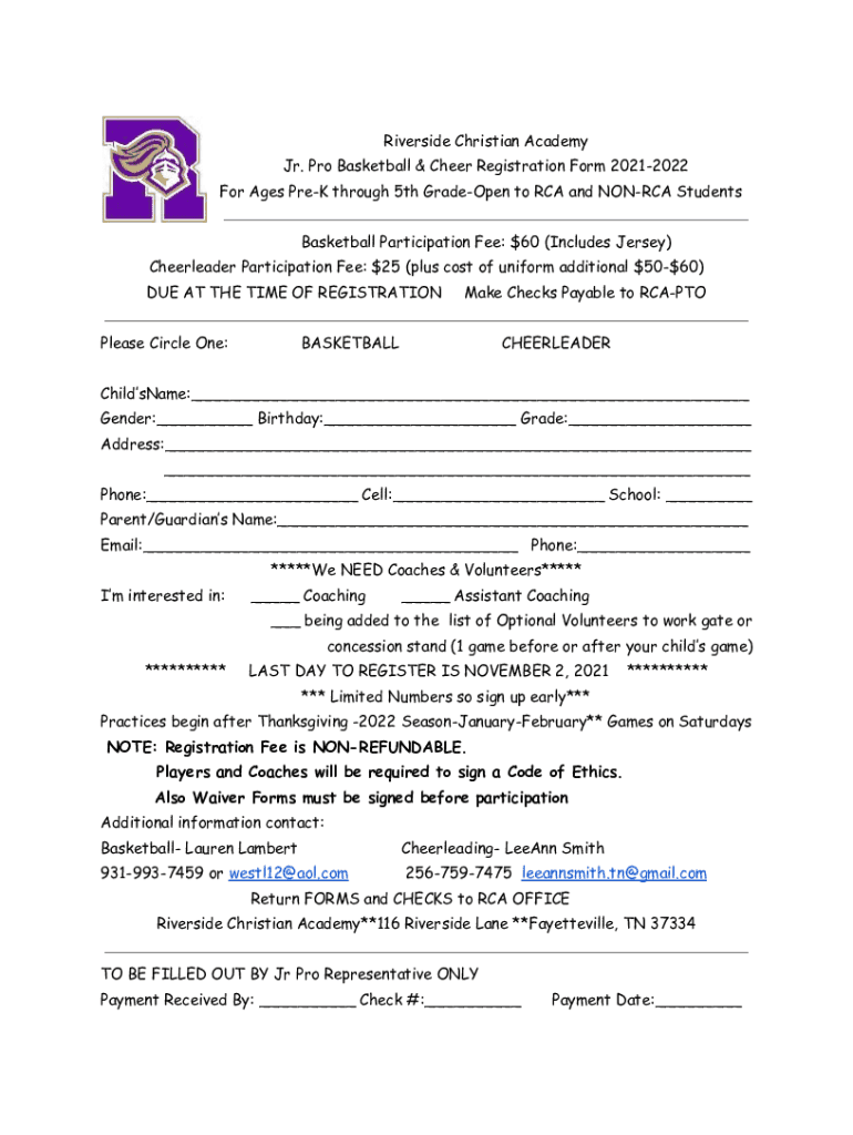 Fillable Online Jr. Pro Basketball and Cheer sign up Form Fax Email ...