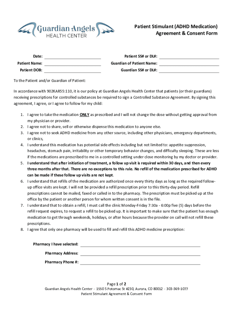 Fillable Online Patient Stimulant (ADHD Medication) Agreement & Consent ...