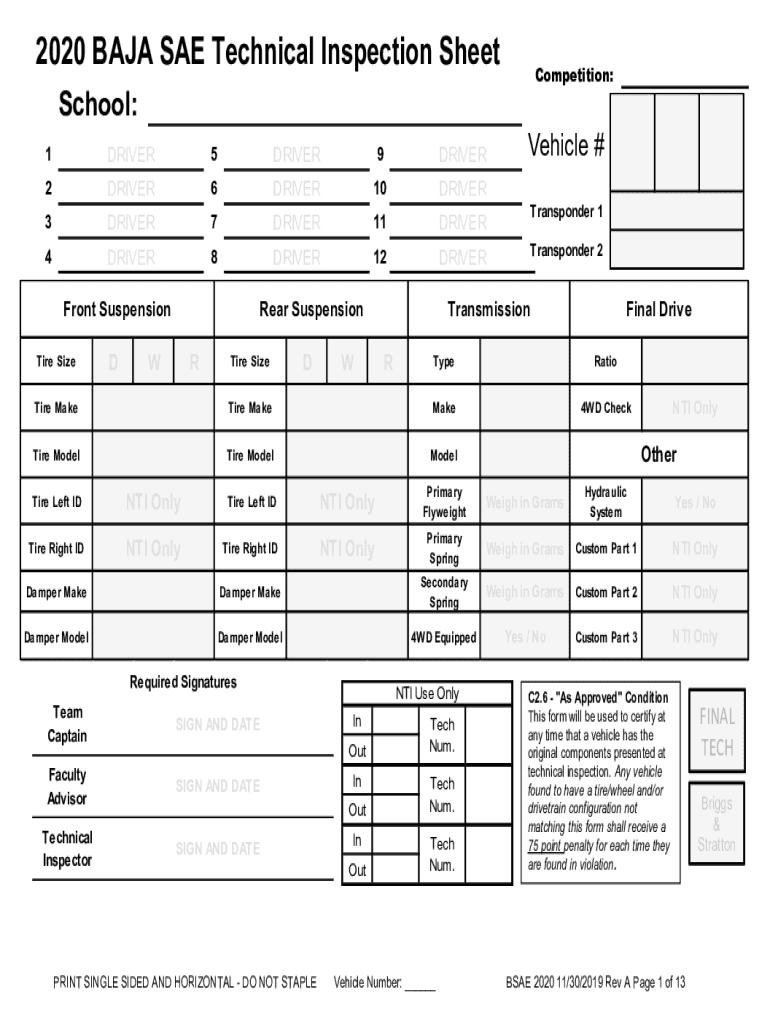 Fillable Online Baja SAE Technical Inspection Sheet Instructions Fax ...