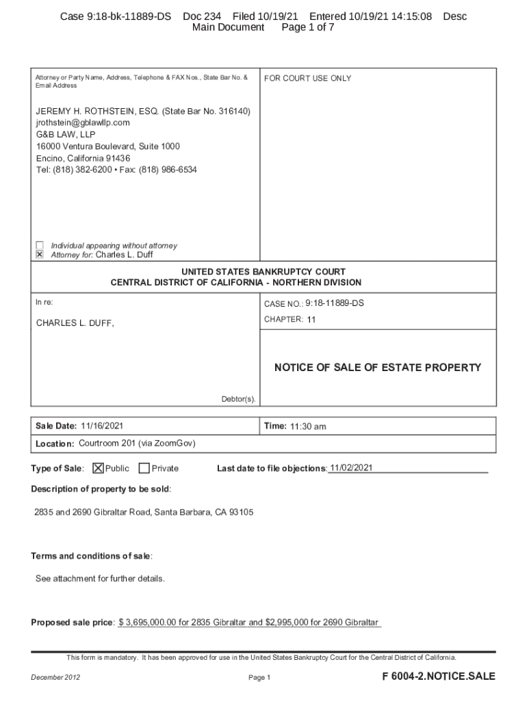 Fillable Online Case 9:18-bk-11889-DS Doc 234 Filed 10/19/21 Entered ...