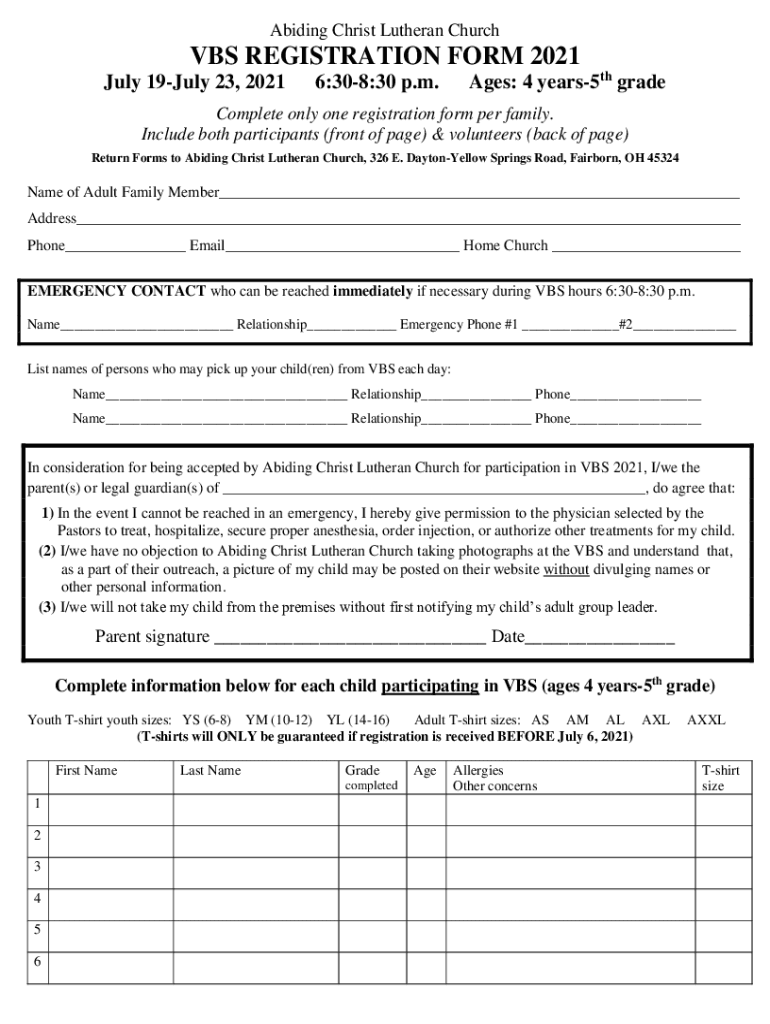 Fillable Online VBS REGISTRATION FORM *complete only one per family Fax Email Print - pdfFiller
