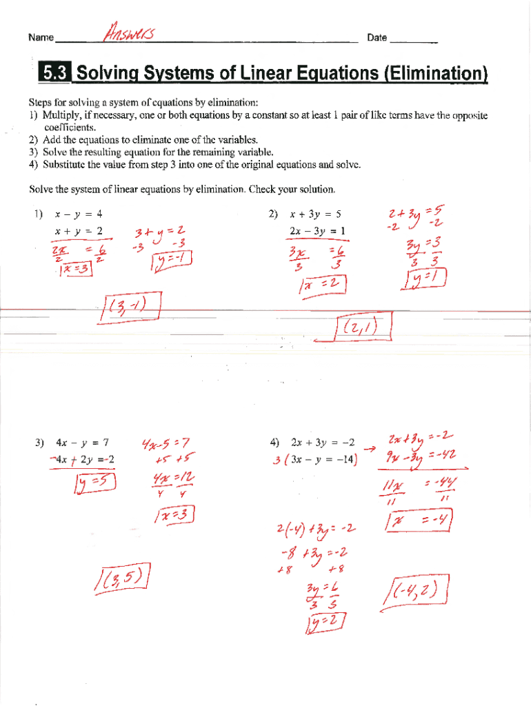 Fillable Online Elimination method review (systems of linear equations ...