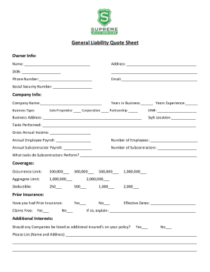 Fillable Online General Liability Quote Sheet Fax Email Print - pdfFiller