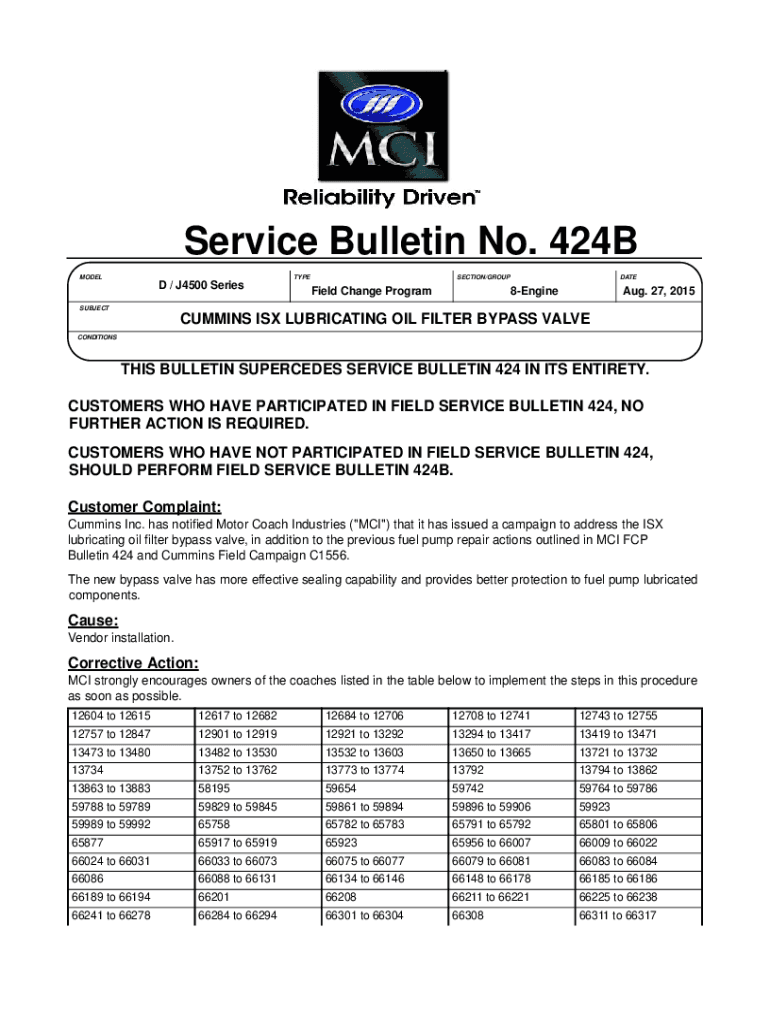 Fillable Online Service Bulletin No. 424B Fax Email Print - pdfFiller