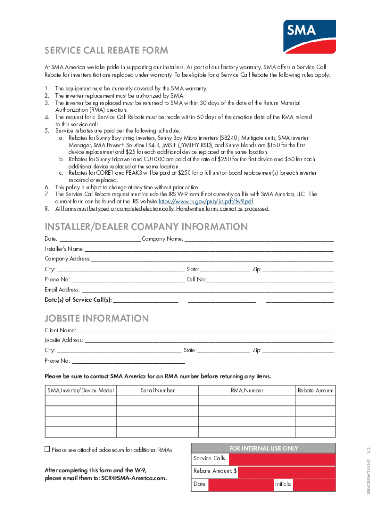 Fillable Online SMA America - Service Call Rebate Form. Form Fax Email ...