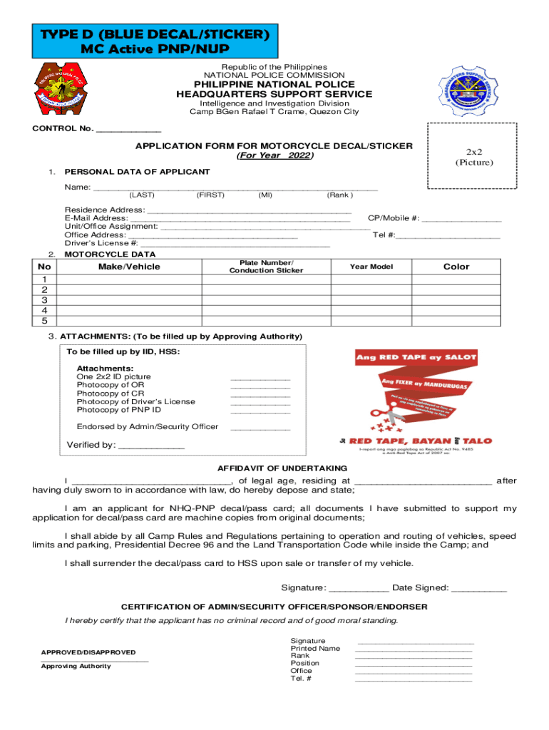 Fillable Online TYPE D (BLUE DECAL/STICKER) MC Active PNP/NUP Fax Email ...