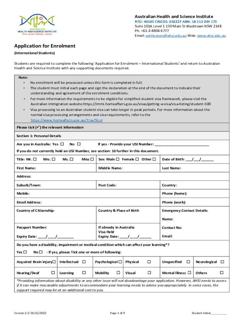 Fillable Online AHSI Application for Enrolment International Students V6.0 221201.docx Fax Email ...