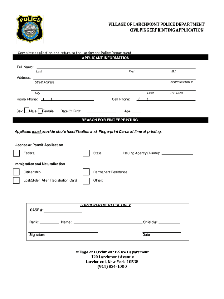 Fillable Online Larchmont Police Department Civil Fingerprinting ...