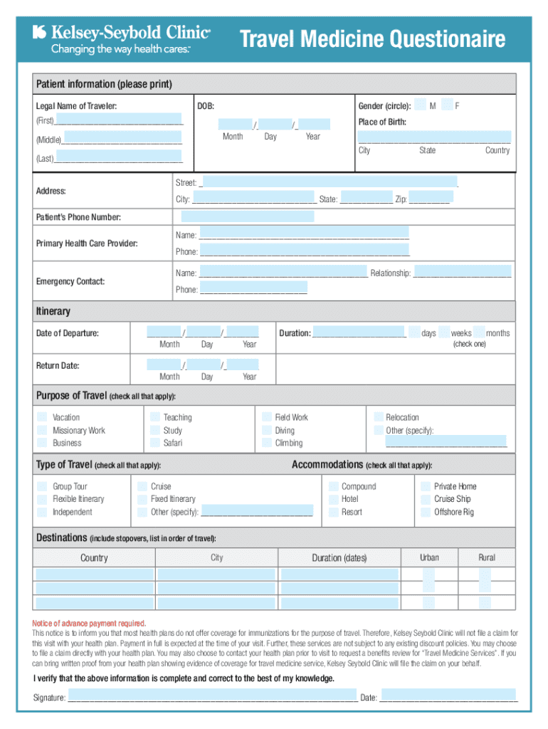 2022-2026 Form TX Kelsey-Seybold Clinic Travel Medicine Questionnaire ...