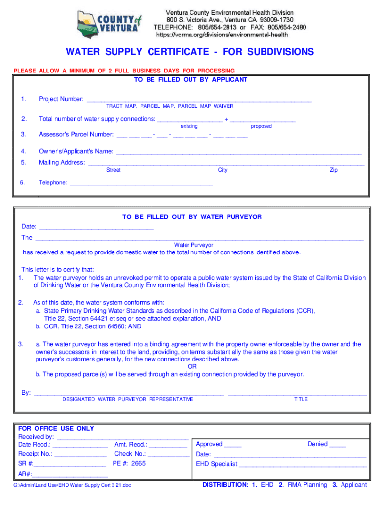 Fillable Online WATER SUPPLY CERTIFICATE - FOR SUBDIVISIONS Fax Email ...