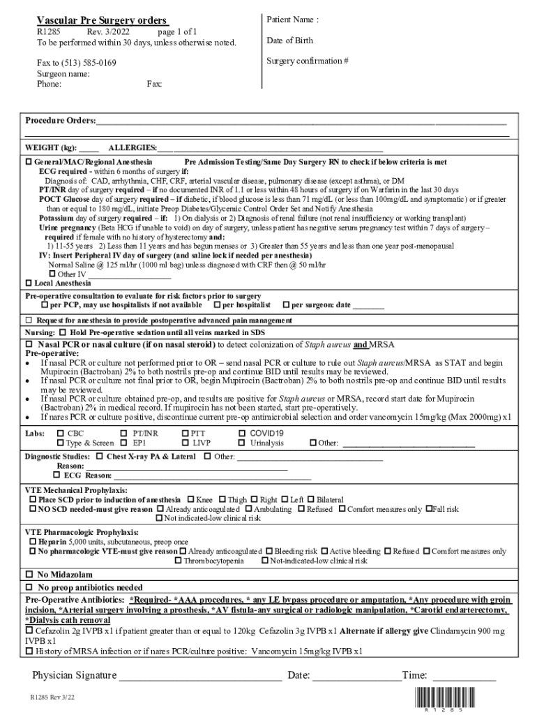 Fillable Online Vascular Pre Surgery orders Physician Signature Fax Email Print - pdfFiller