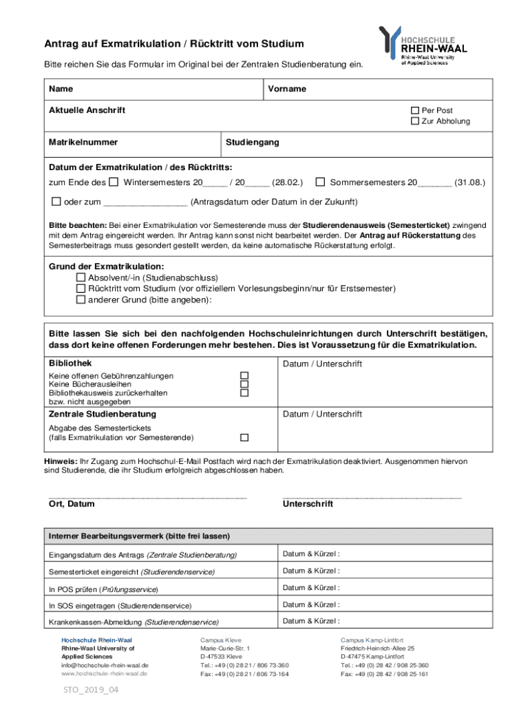 Ausfüllbar Online Antrag auf Exmatrikulation / Rcktritt vom Studium Fax ...