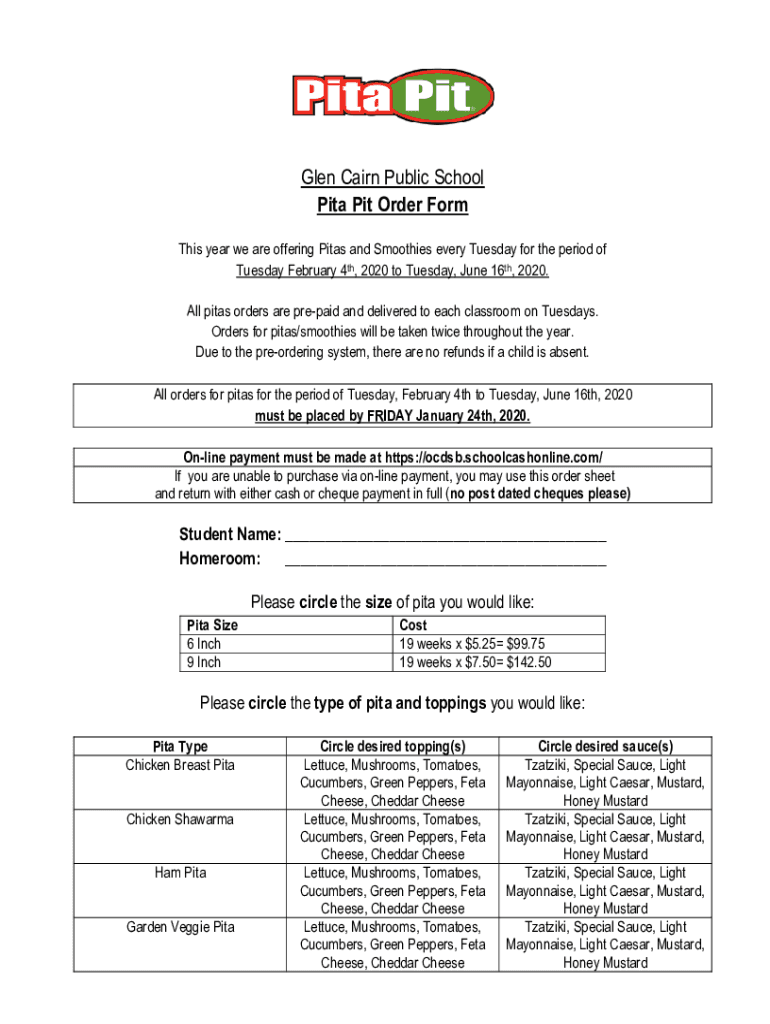 Fillable Online Glen Cairn Public School Pita Pit Order Form Fax Email ...