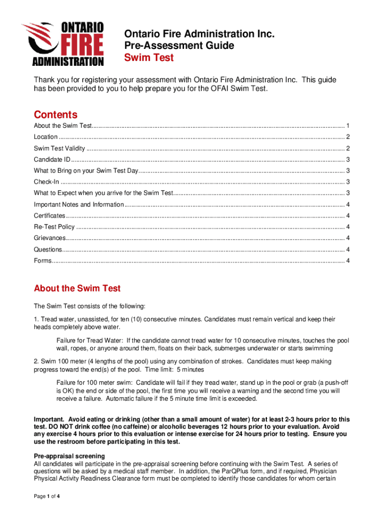 Fillable Online Ofai Swim Test - Fill Online, Printable, Fillable ...