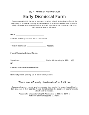 Attendance / JMRHS Early Dismissal Doc Template | pdfFiller