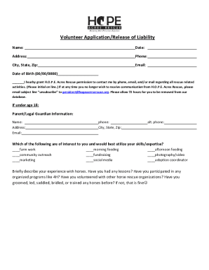 Fillable Online Volunteer Application/Release of Liability Fax Email Print - pdfFiller