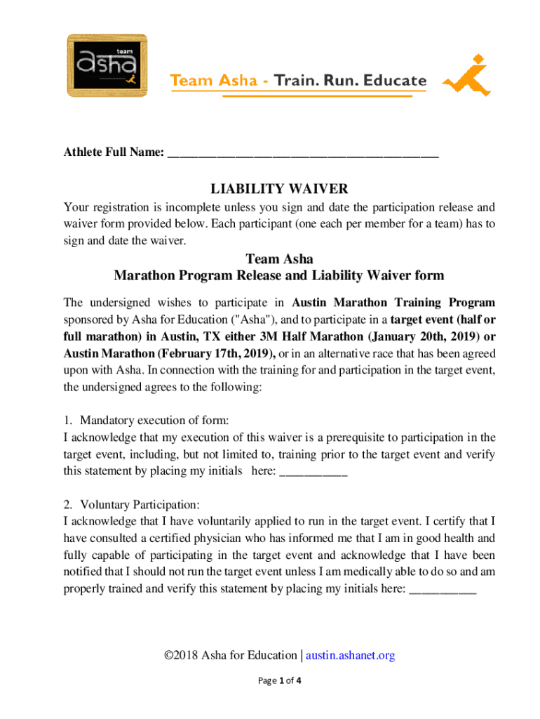 Fillable Online LIABILITY WAIVER Team Asha Marathon Program ... - Asha Austin Fax Email Print ...
