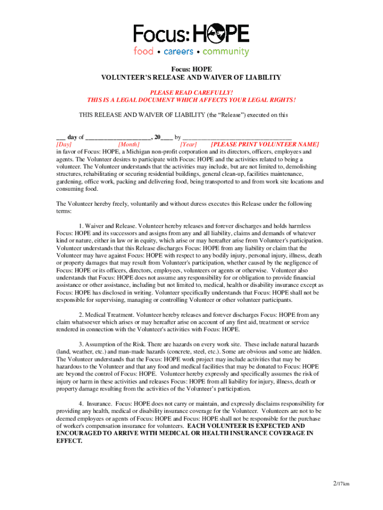 Fillable Online Focus: HOPE VOLUNTEER'S RELEASE AND WAIVER OF LIABILITY ...