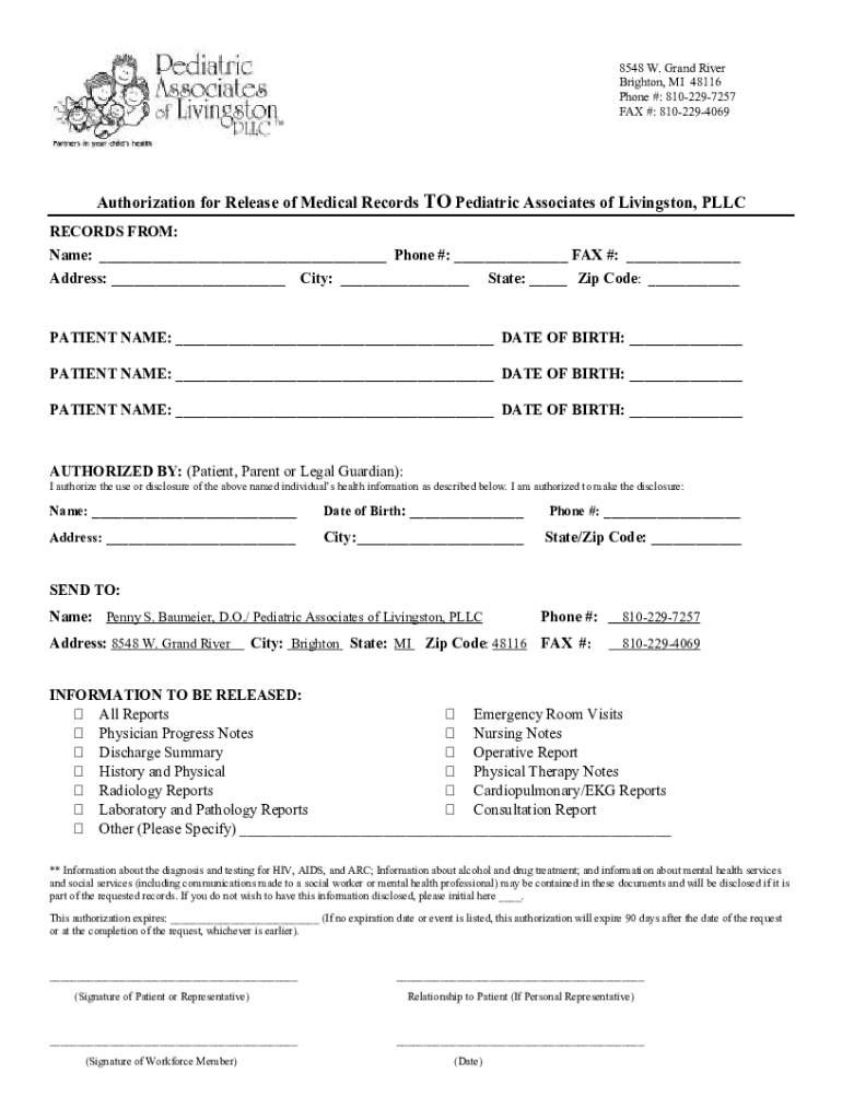 Fillable Online Authorization for Release of Medical Records to ...