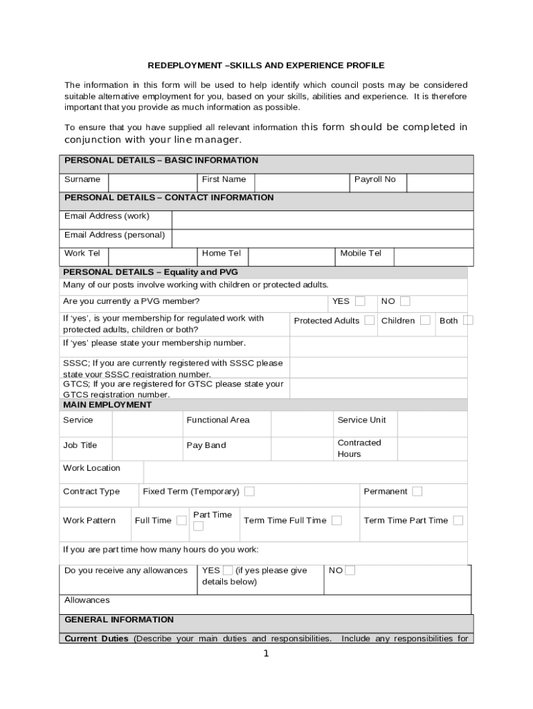 RedeploymentSkills and Experience Profile Doc Template | pdfFiller