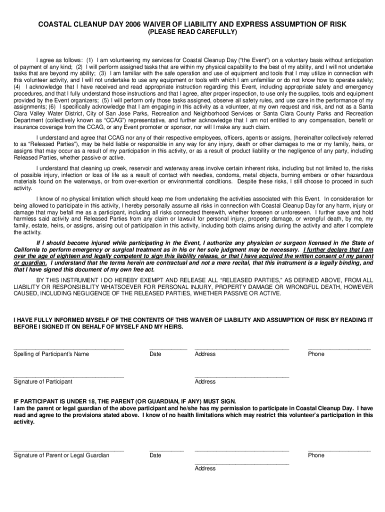 Fillable Online COASTAL CLEANUP DAY 2006 WAIVER OF LIABILITY AND EXPRESS ASSUMPTION OF RISK Fax ...