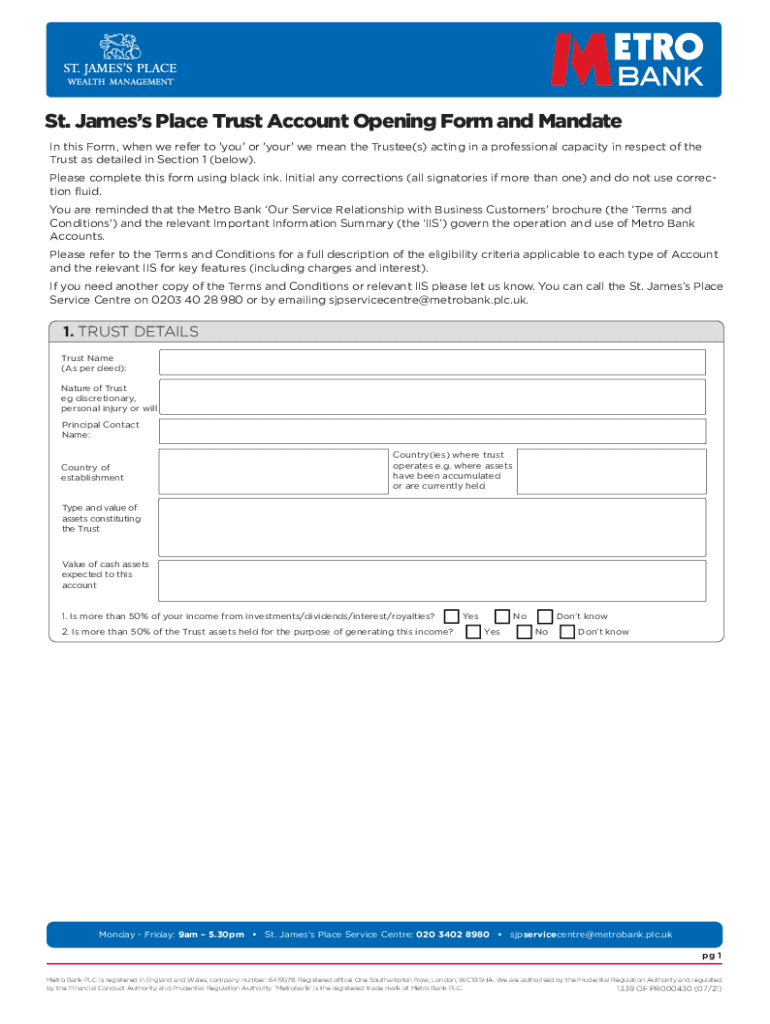 Fillable Online St. James's Place Trust Account Opening Form and ...