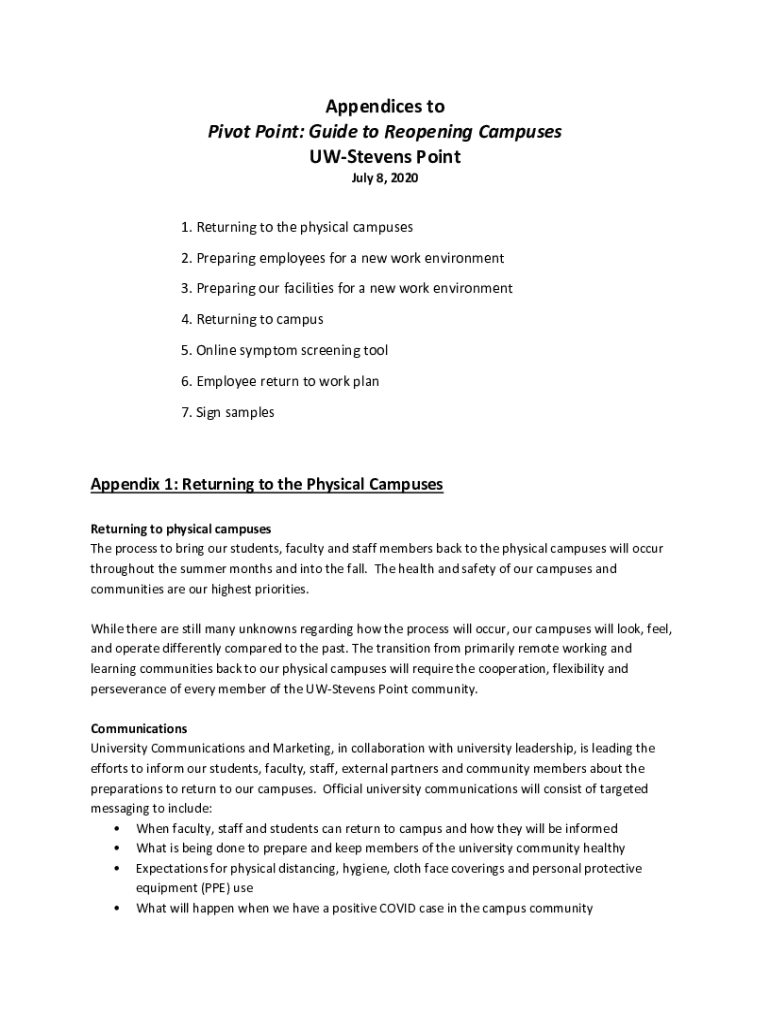 Fillable Online Appendices to Pivot Point: Guide to Reopening Campuses ...