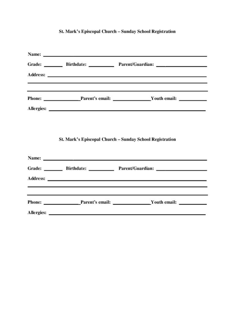 Fillable Online St. Mark's Episcopal Church Sunday School Registration ...
