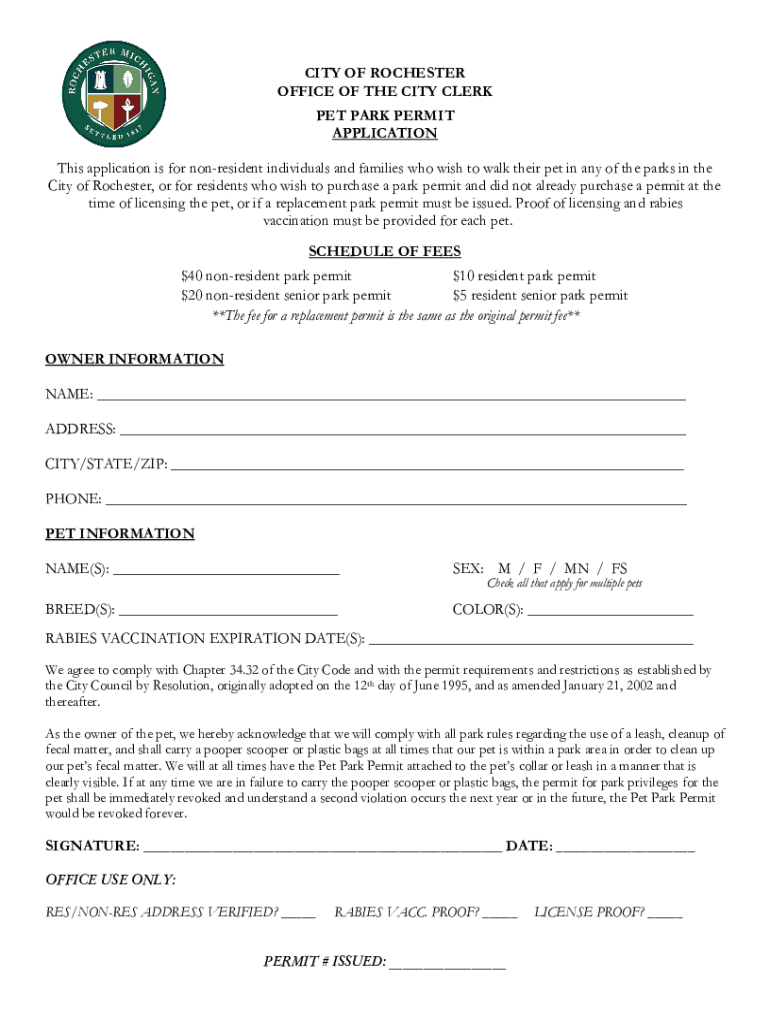 Fillable Online City of Rochester Dog Park Permit Application Fax Email ...