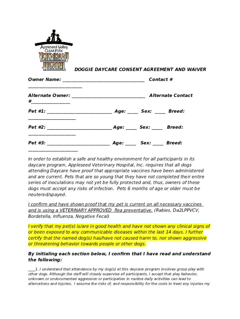 DOGGIE DAYCARE CONSENT AGREEMENT AND WAIVER Doc Template | pdfFiller