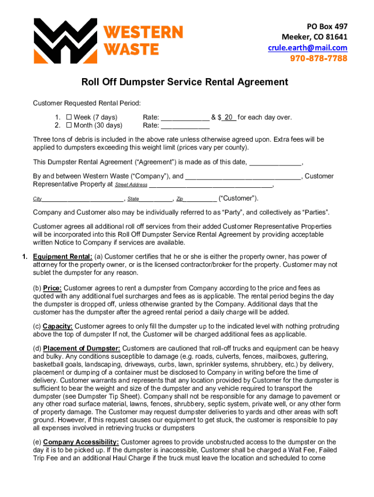 Fillable Online Roll Off Dumpster Service Rental Agreement - Western ...