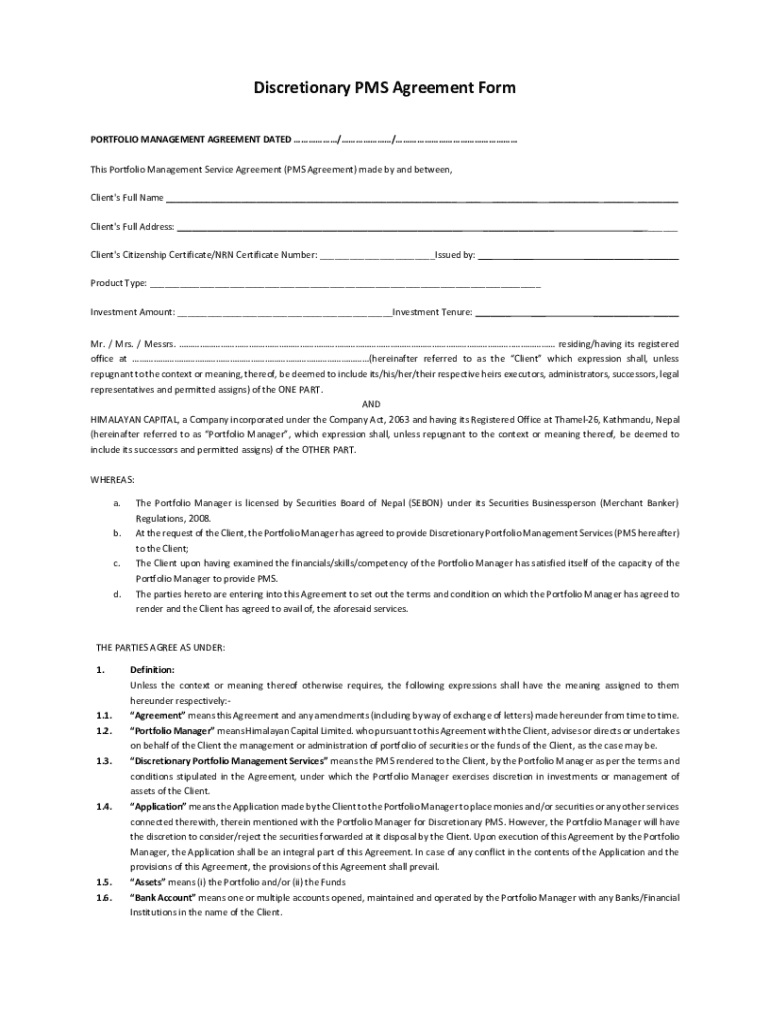 Fillable Online Discretionary PMS Agreement Form Fax Email Print - pdfFiller