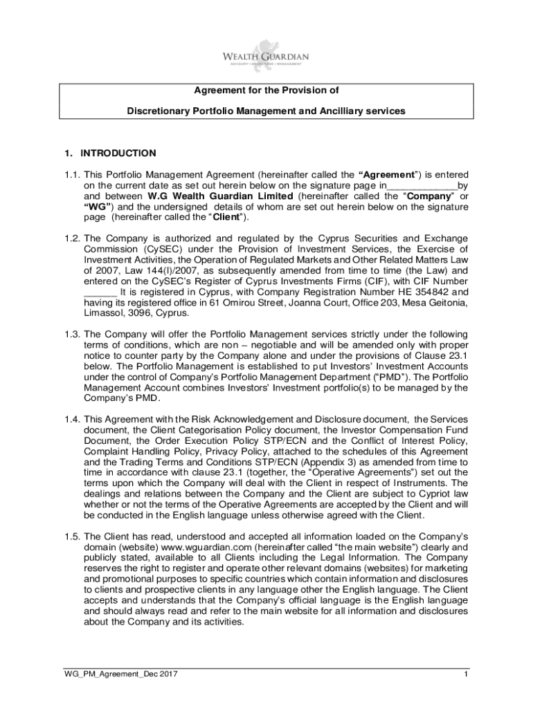 Fillable Online Discretionary Portfolio Management Services Agreement ...