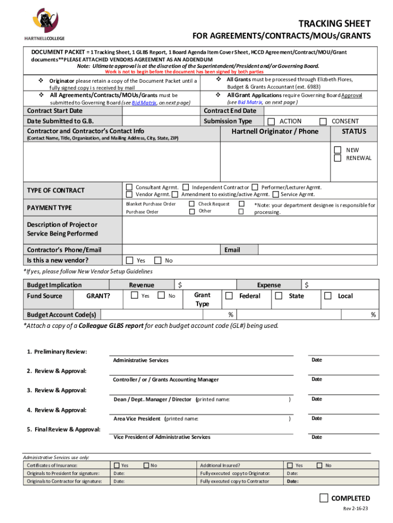 Fillable Online TRACKING SHEET FOR AGREEMENTS/CONTRACTS ... Fax Email ...