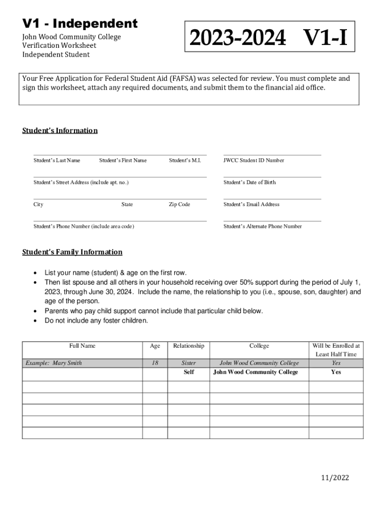 Fillable Online Independent Verification Worksheet (V1) 2021-2023 Fax Email Print - pdfFiller