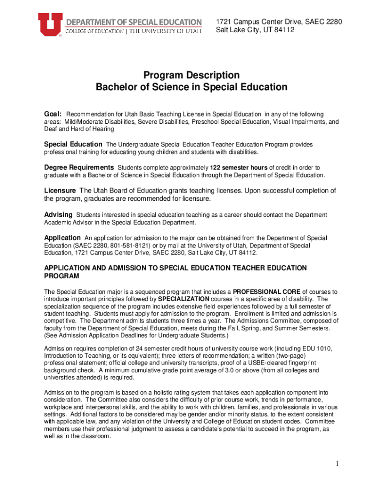 Fillable Online special-ed utah Department of Special Education - University of Utah Fax Email ...