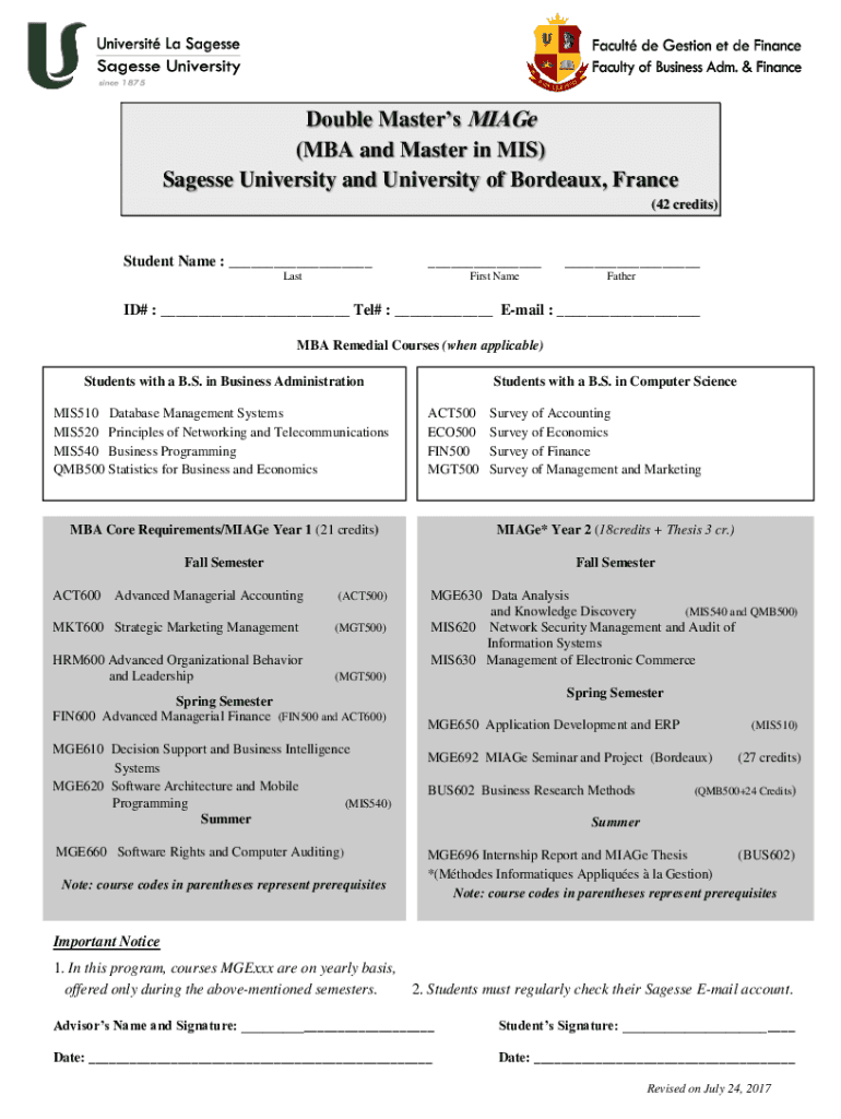 Fillable Online MBA/MIAGe - English. Contract sheet Fax Email Print - pdfFiller