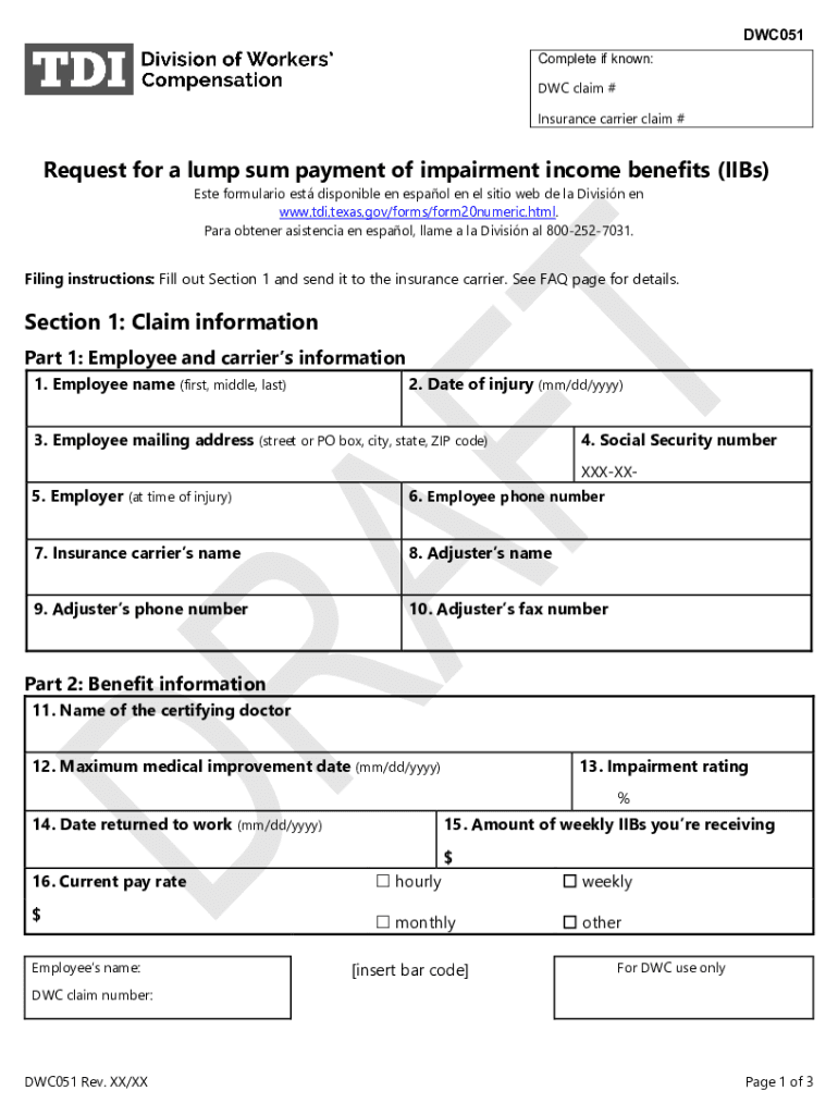 Fillable Online Draft DWC Form-051, Request for a lump sum payment of ...