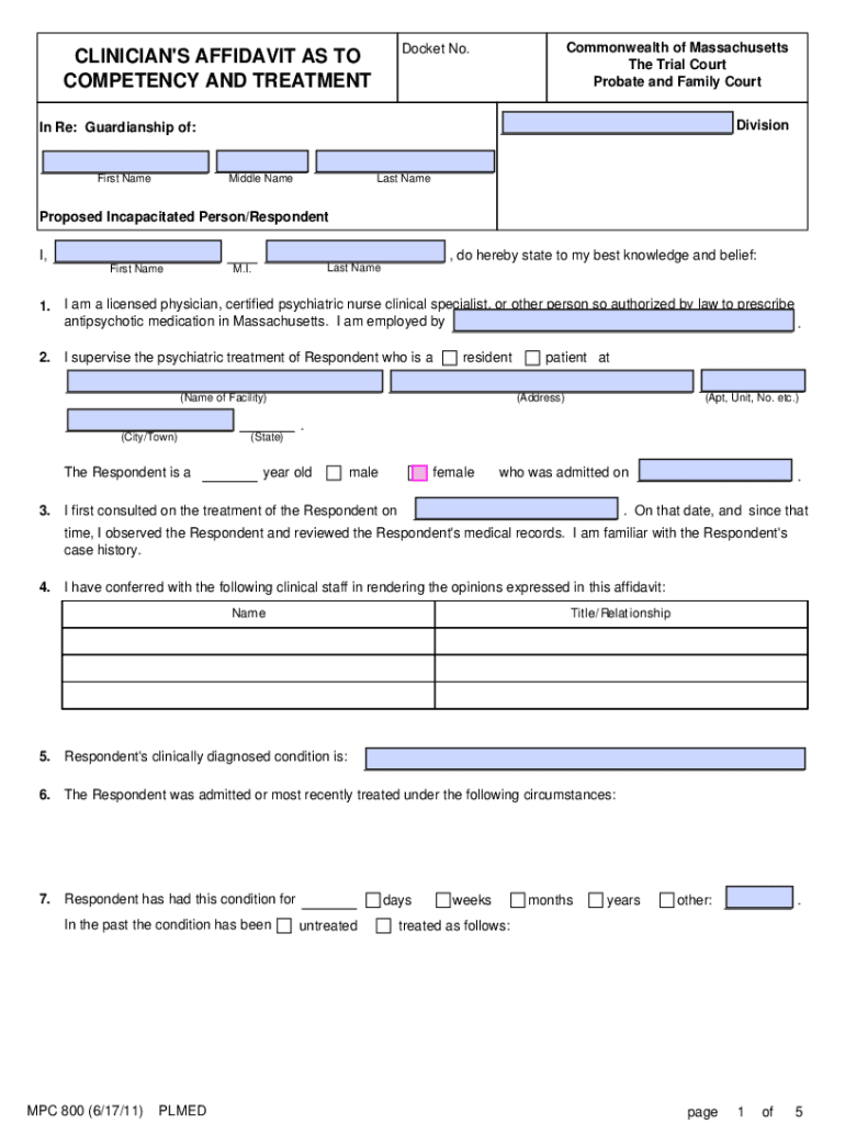 Fillable Online Probate and Family Court Clinician's Affidavit as to ...