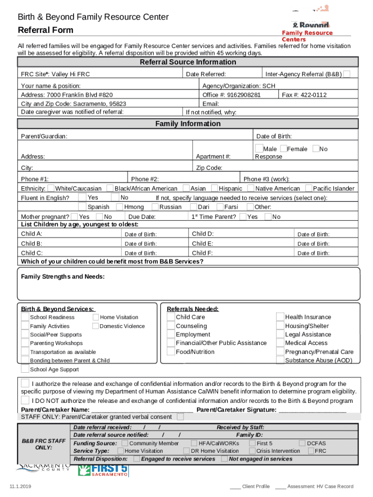 Birth & Beyond Family Resource Center Referral Doc Template | pdfFiller