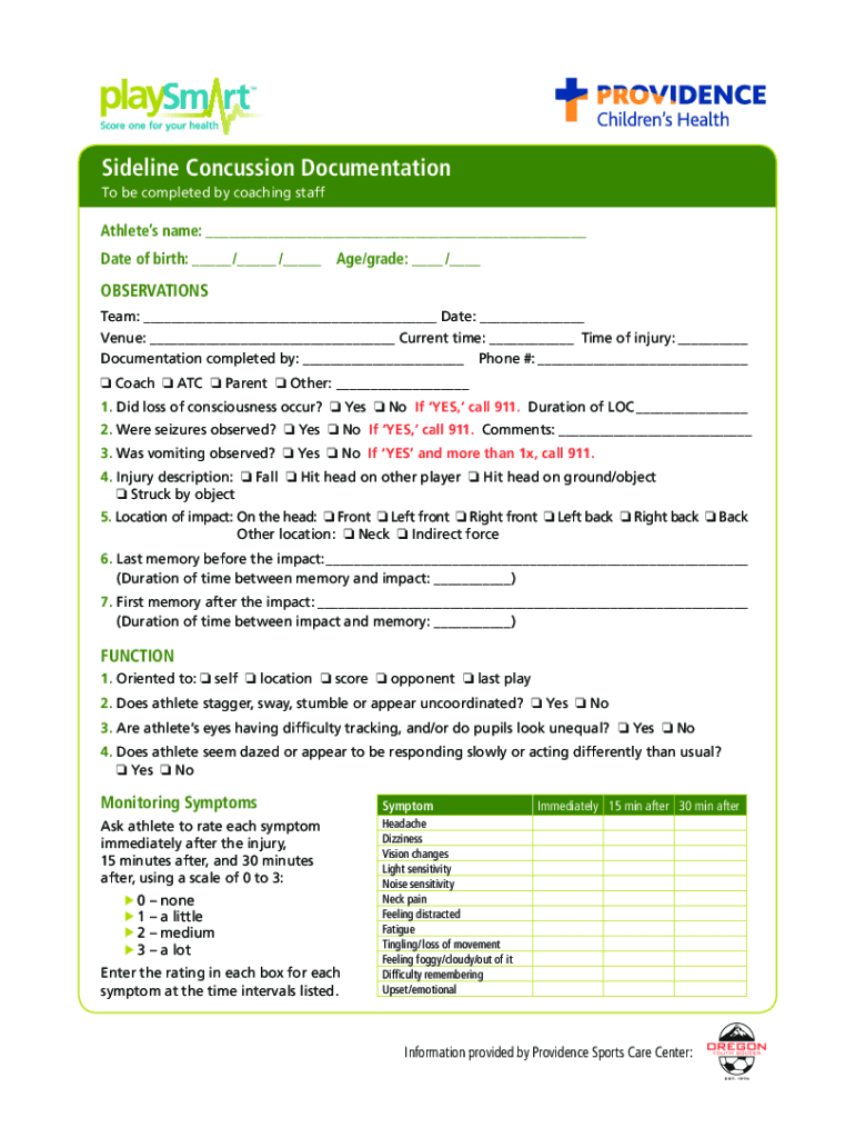 Fillable Online Sideline Concussion Documentation: To be completed by ... Fax Email Print ...